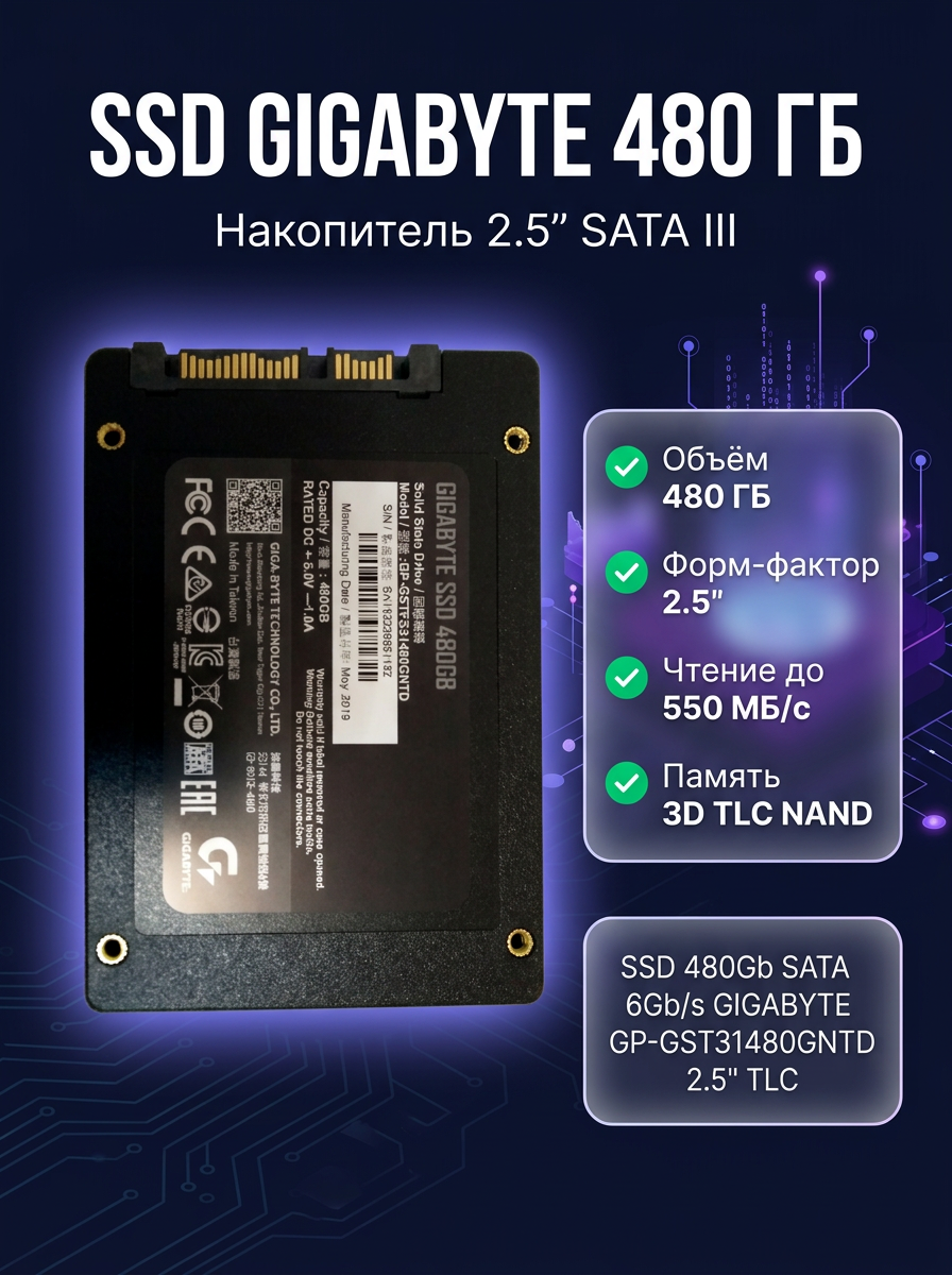 SSD накопитель GIGABYTE GP-GSTFS31480GNTD, 480 ГБ, SATA III, 2.5", TLC