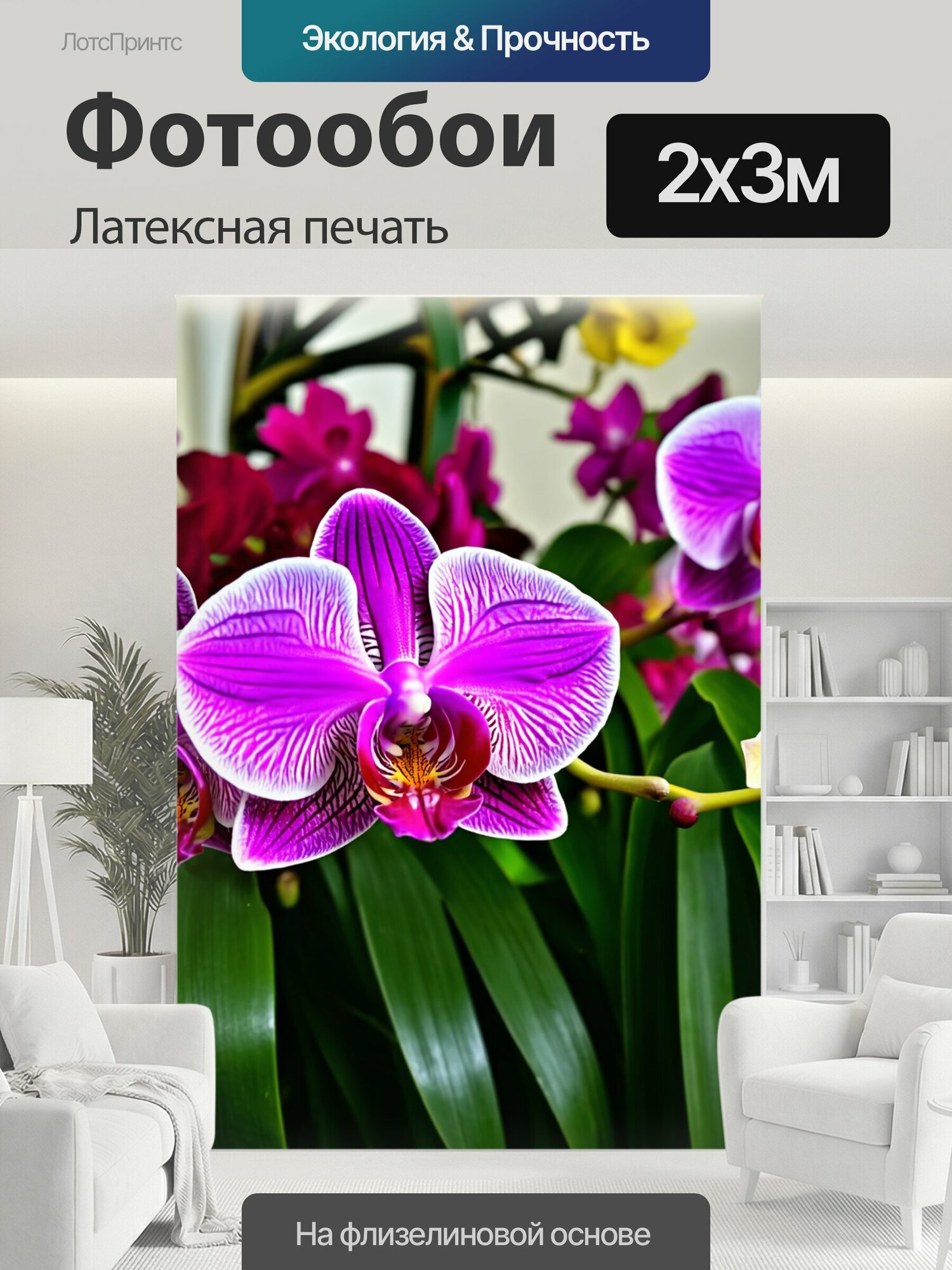Фотообои моющиеся ударопрочные "Орхидея среди других цветков, гармония и симфония" 200x300 см. латексная печать