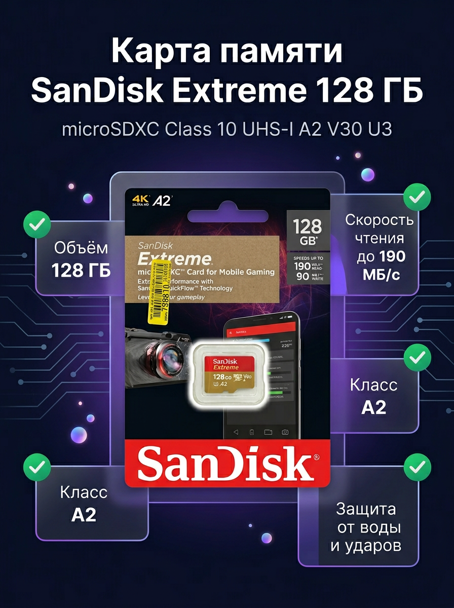 Карта памяти microSDXC SanDisk Extreme 128 ГБ, UHS-I, Class 10 (U3/V30/A2), скорость чтения до 190 МБ/с, SDSQXAA-128G-GN6MN