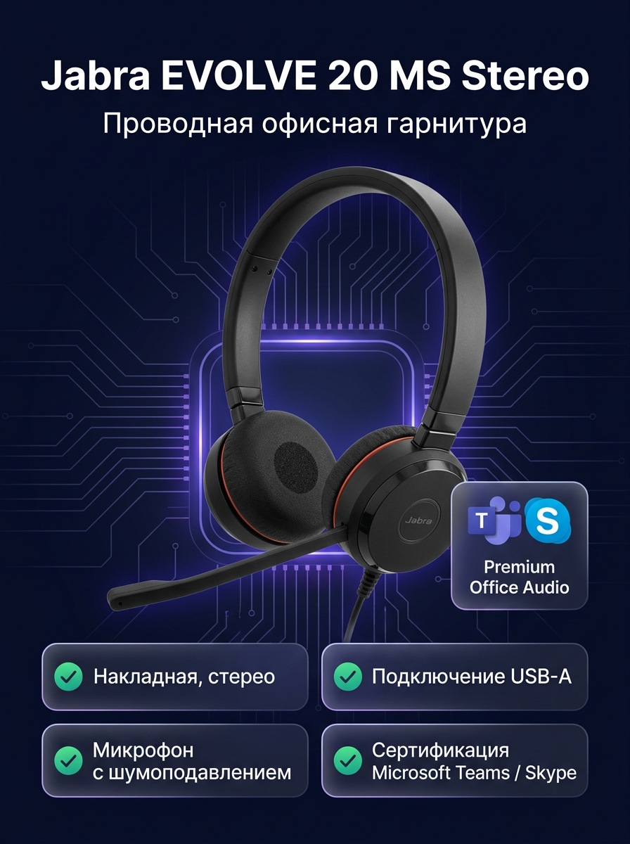 Гарнитура проводная Jabra Evolve 20 MS Stereo, USB-A, шумоподавление, сертификация Microsoft Teams