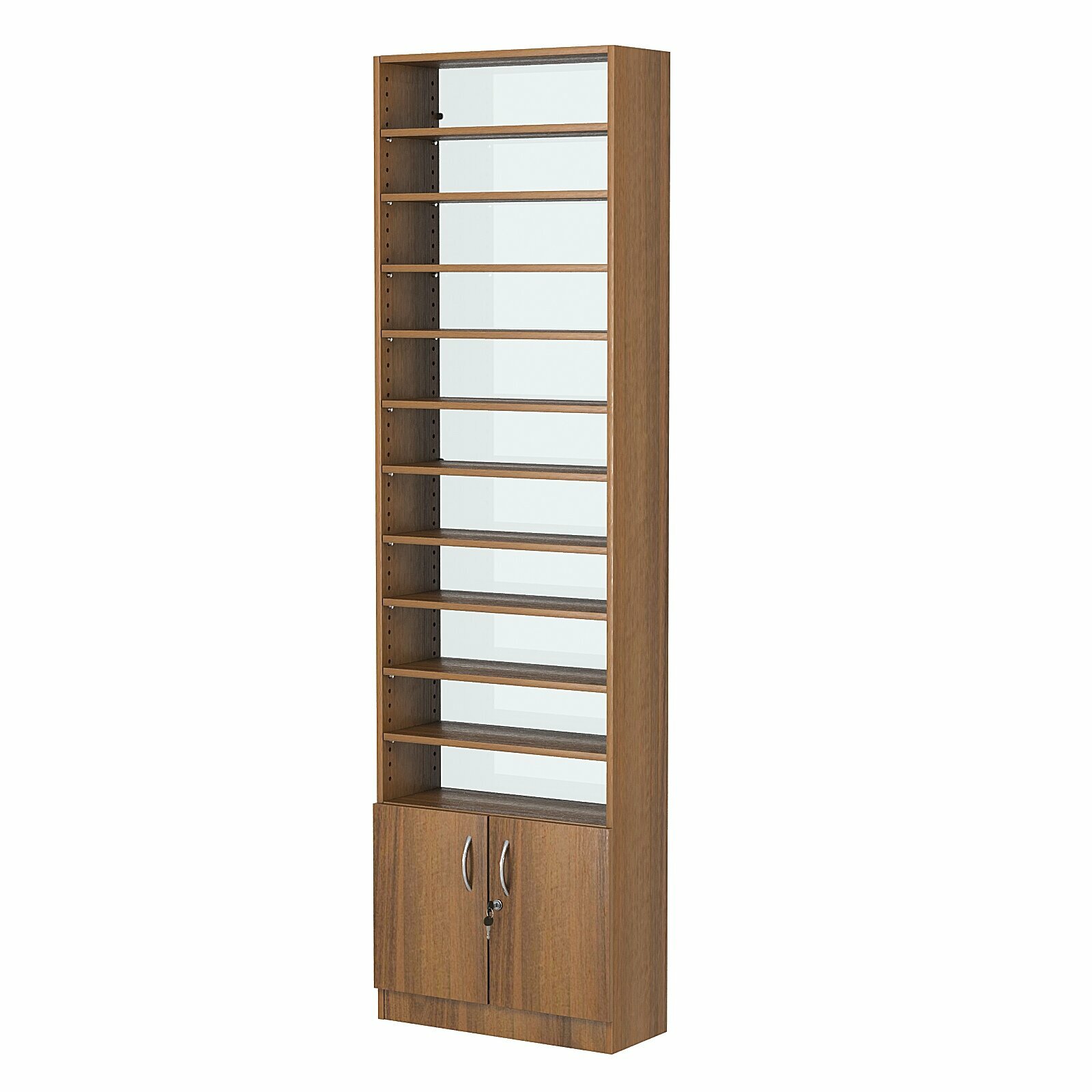 Стеллаж из ДСП с 10-ю полками 250x600 мм серии LEVEL-10 №4-1 (З/C - стекло), Орех