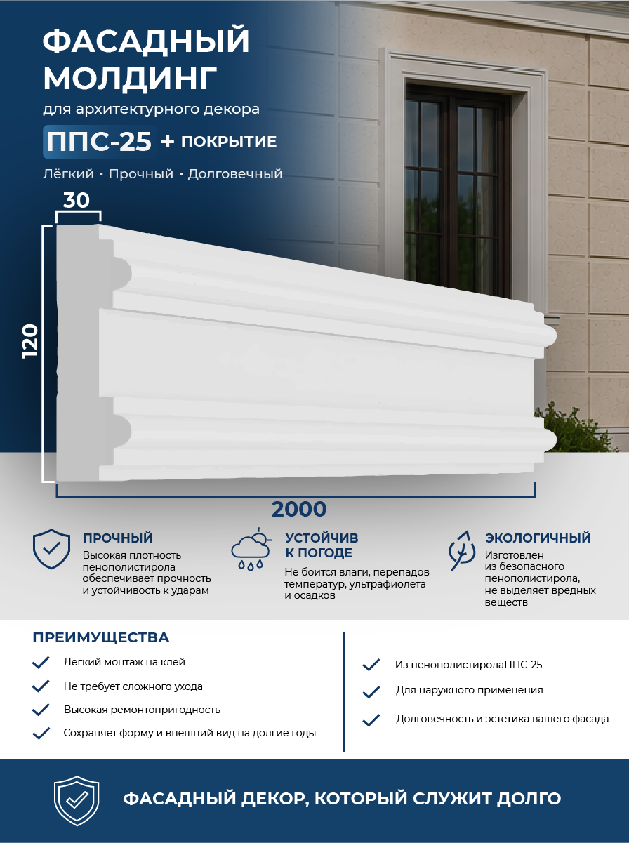 Фасадный молдинг из пенополистирола IZODECOR 3х12х200 см, ППС-25 с покрытием. Фасадный декор