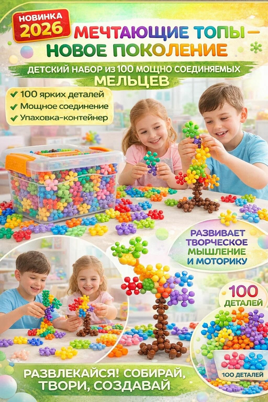 Конструктор для мальчика девочки 3д пластиковый снежинки / Конструктор для малышей развивающий звездочки, молекулы, 100 деталей набор ещё