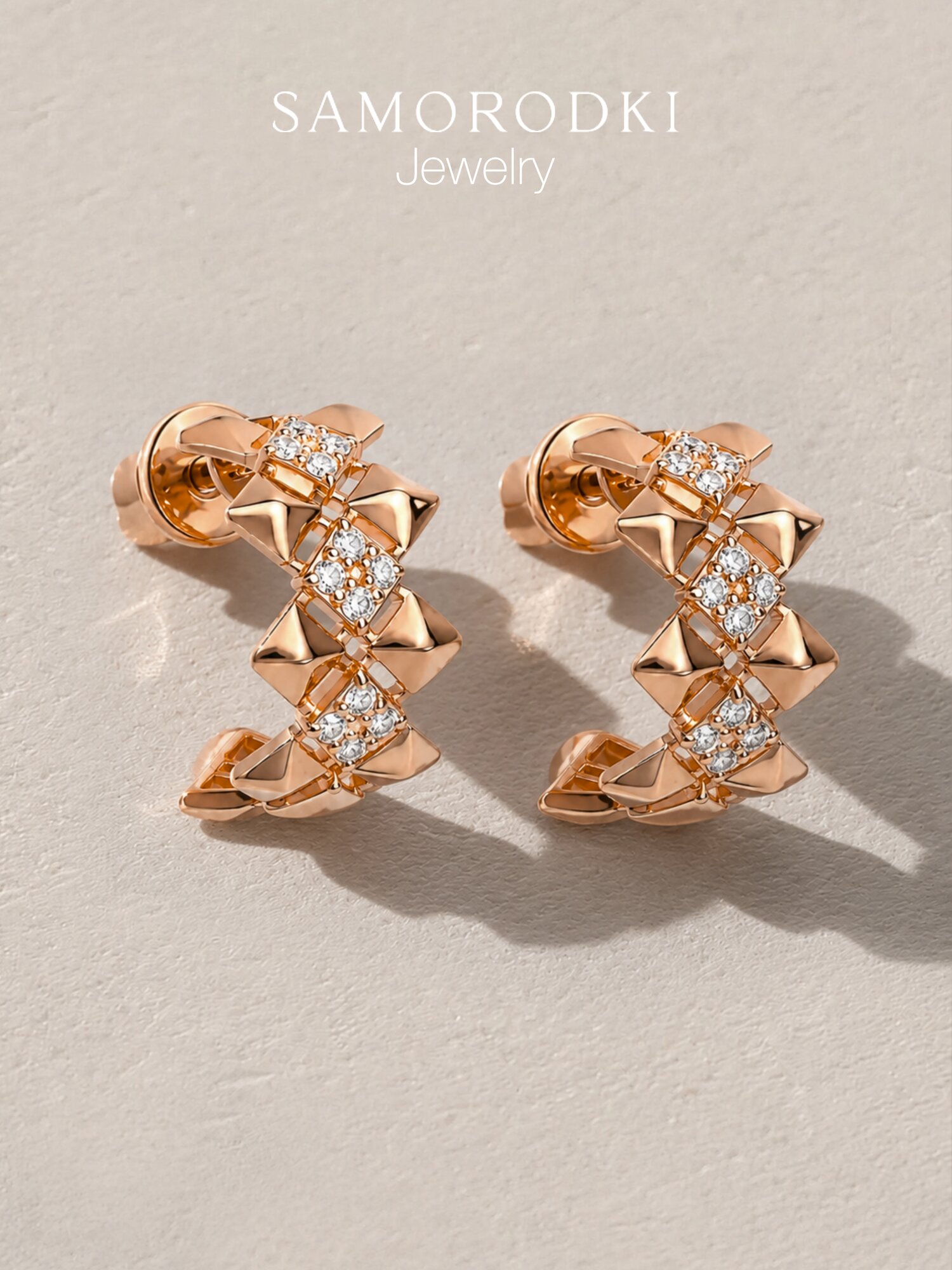 Серьги пусеты SamoroDki Jewelry, серебро, 925 проба, золочение, фианит, размер 14.3 мм, длина 1.43 см, , золотистый — фото 1