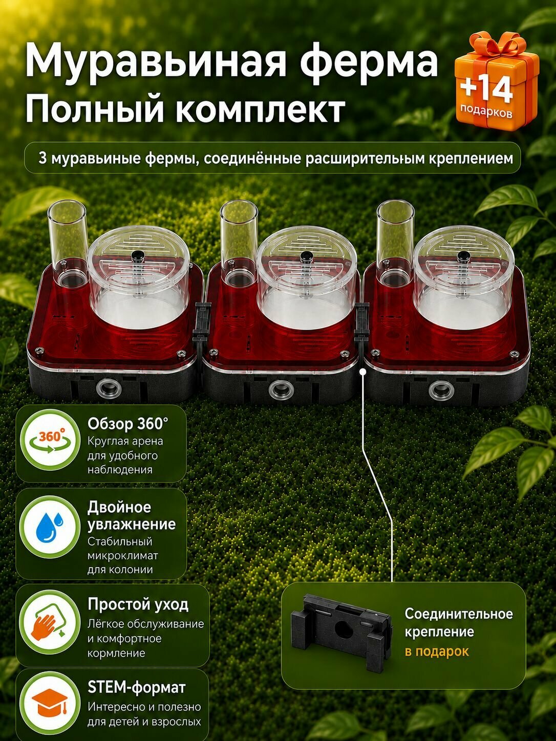 Набор из 3 штук формикариев / муравьиных ферм с разделением влажности, двойное увлажнение, гладкая поверхность