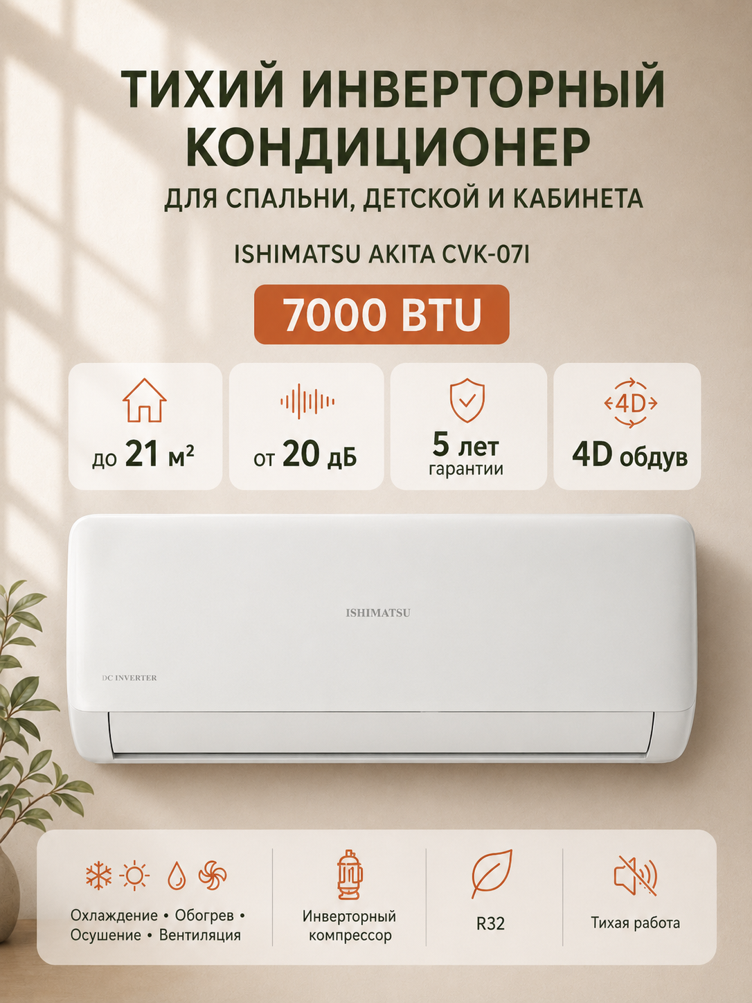 Сплит система кондиционер инверторный ISHIMATSU CVK-07I, кондиционер 7 до 21 м², настенный кондиционер для дома и квартиры