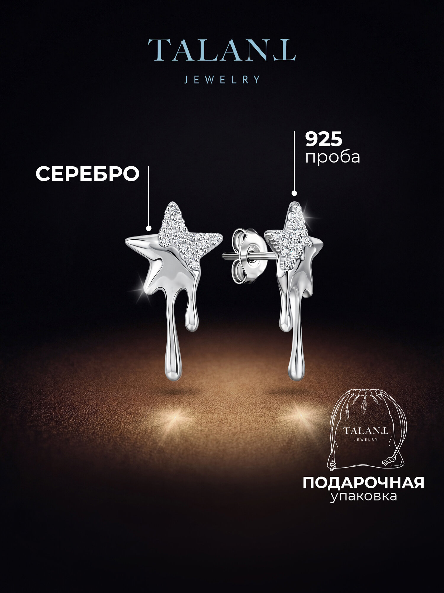 Серьги пусеты, серебро, 925 проба, родирование, фианит