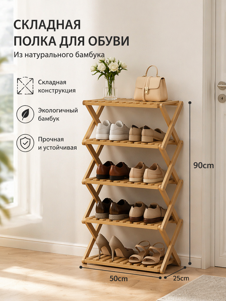Бамбуковая обувница 5 ярусов, 50 см, светлое дерево, складная, без инструментов
