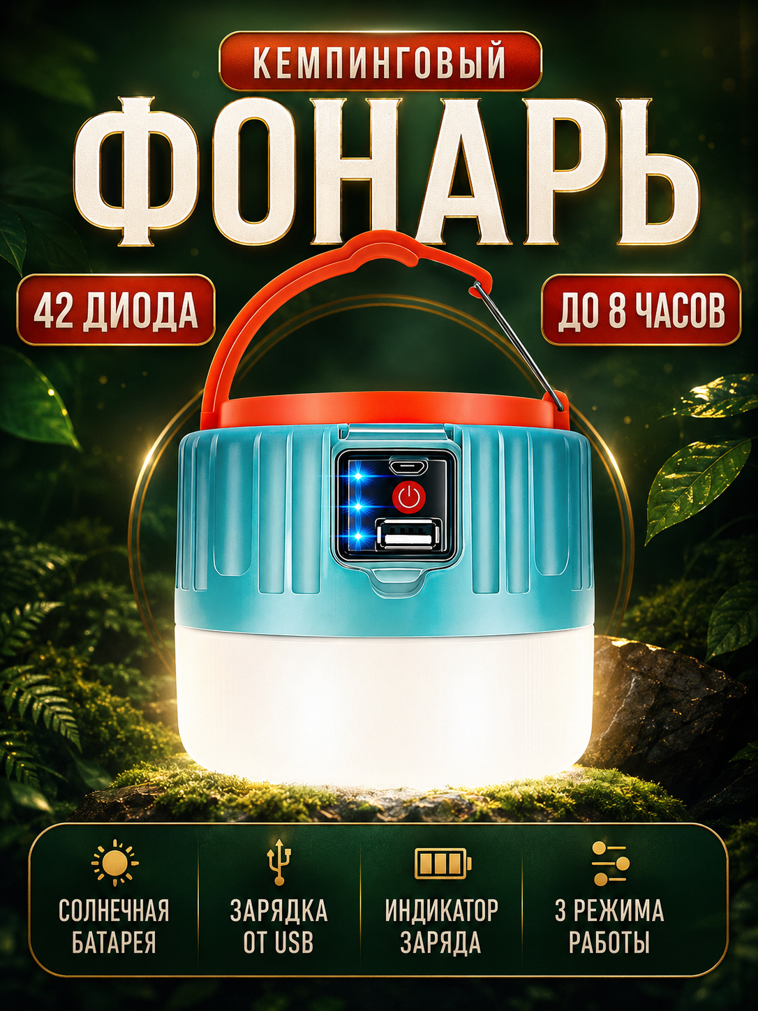 Фонарь кемпинговый подвесной, Фонарь на солнечной батарее, Лампа портативная для Кемпинга, Охоты, Рыбалки