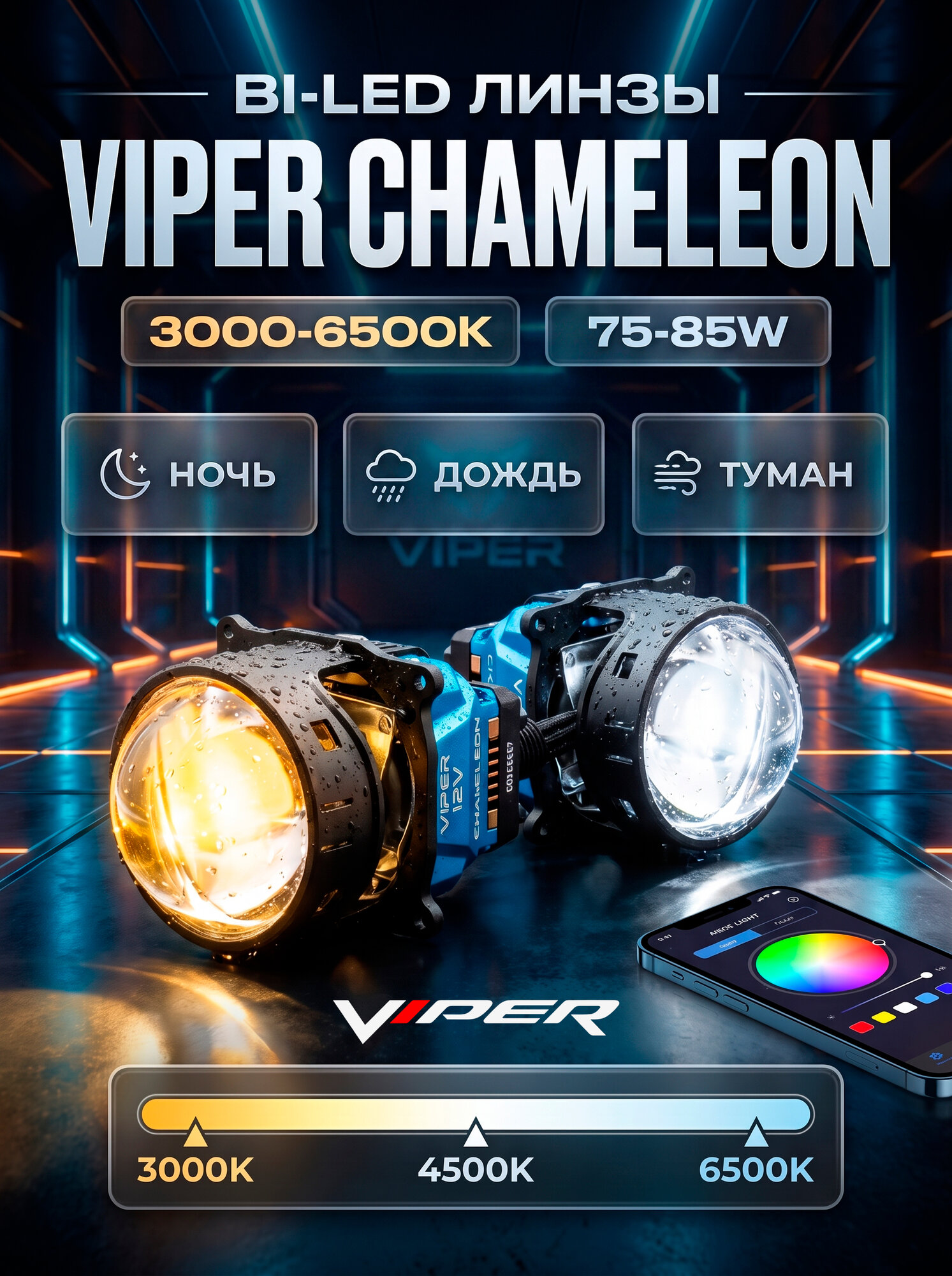 Светодиодные линзы Viper Chameleon 3000-6500к 75w для фар Nissan Almera Classic / Комплект линз с масками на Ниссан Альмера Классик