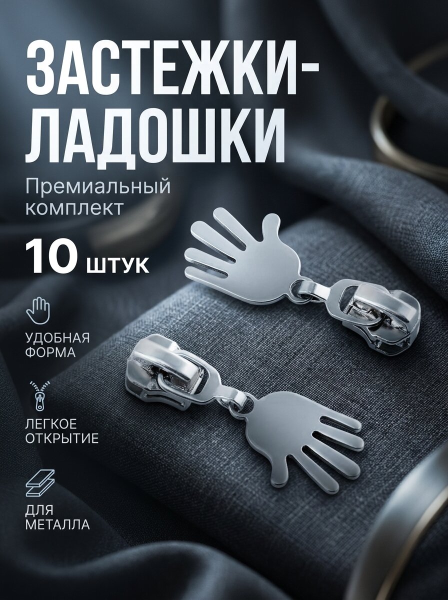 Автоматический замок для молний "Ладонь", серебристый, 10 шт