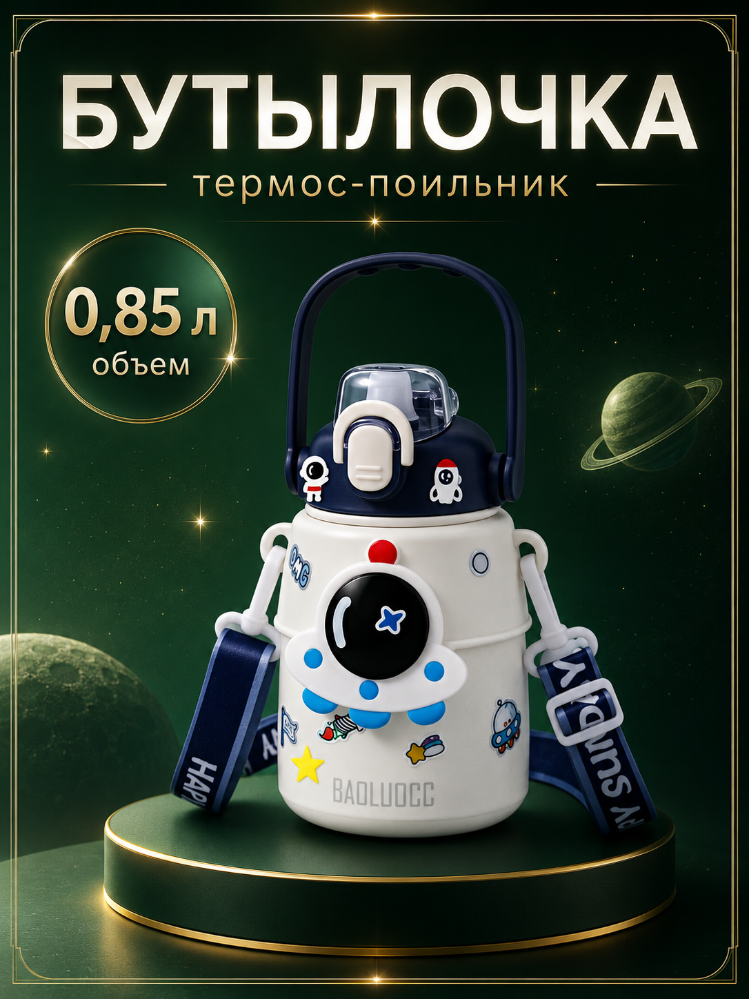 Термос детский с ремешком Космос, Термобутылка для горячих напитков с ручкой, Непроливайка с кнопкой, 850мл, Белый