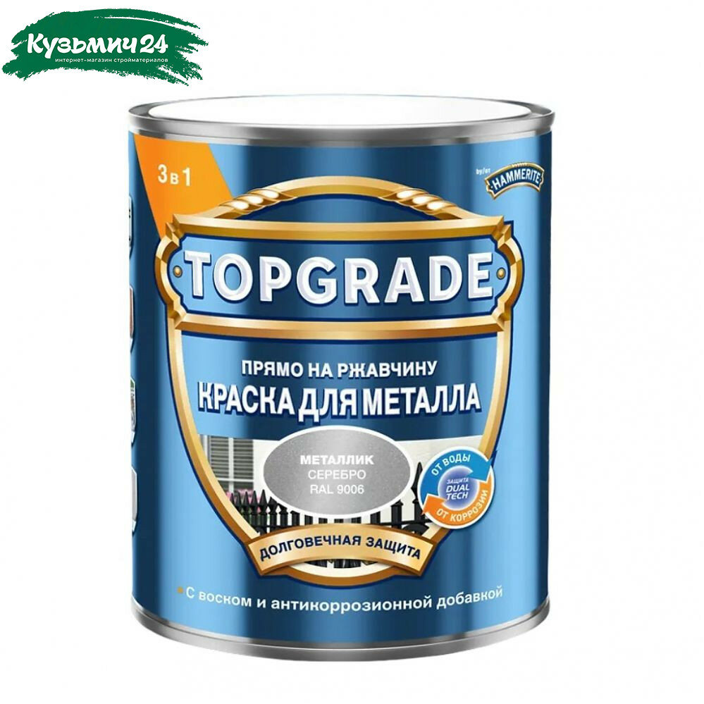 Краска TOPGRADE для металла, прямо на ржавчину 3 в 1, глянцевая гладкая серебристая RAL 9006, 0.75 л