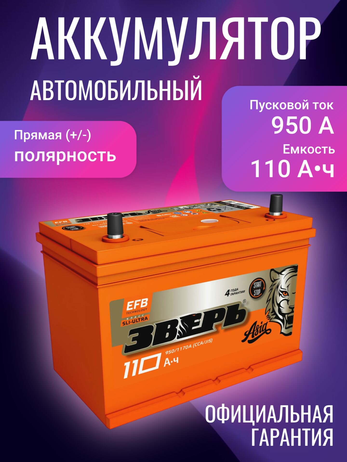 Аккумулятор автомобильный зверь EFB Asia, 12В 110Ач 950А, Прямая полярность