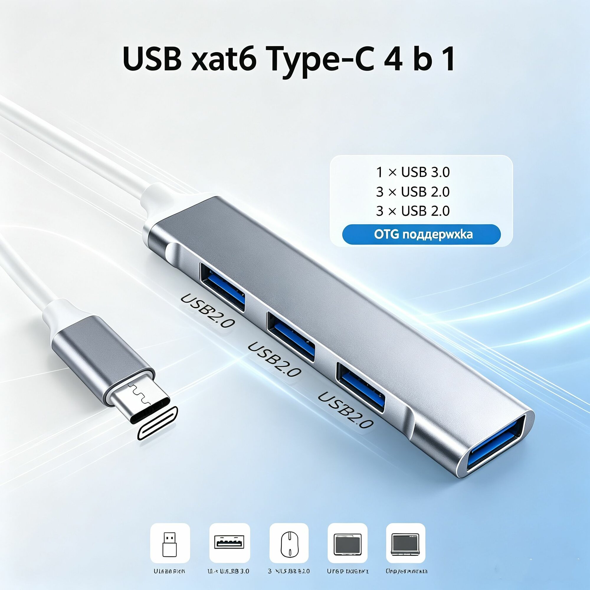 USB хаб Type-C 4 в 1, разветвитель с портом USB 3.0 для ноутбуков и смартфонов OTG