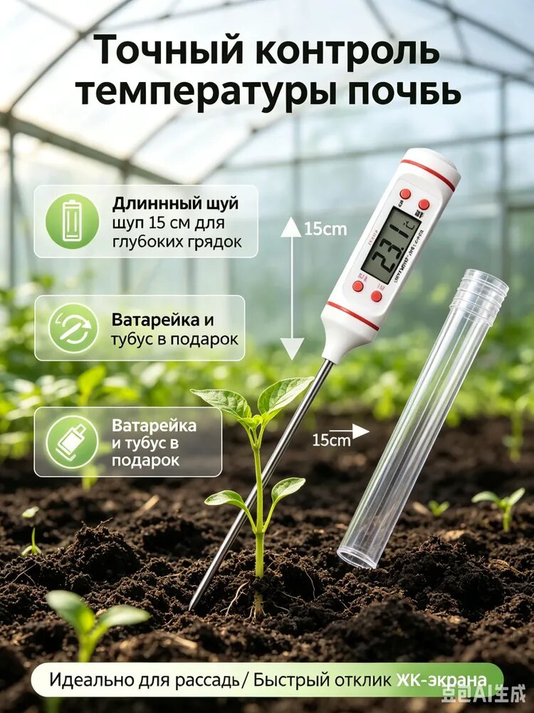 Термометр для почвы цифровой, садовый электронный щуп 15см с тубусом-градусник измеритель температуры земли, для рассады и растений в теплице