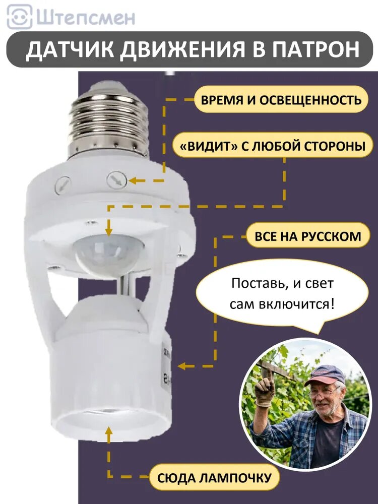 Датчик движения 220В для освещения инфракрасный (с патроном Е27) ДДПт-01