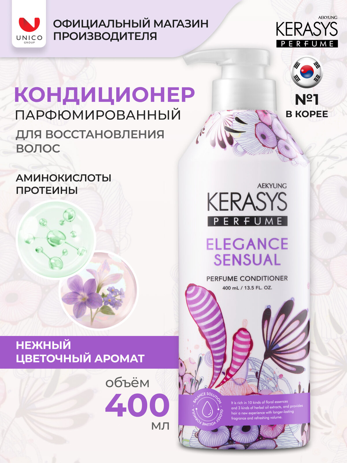 Kerasys Парфюмированный Кондиционер для волос Элеганс, для тонких и ослабленных волос 400 мл, Корея