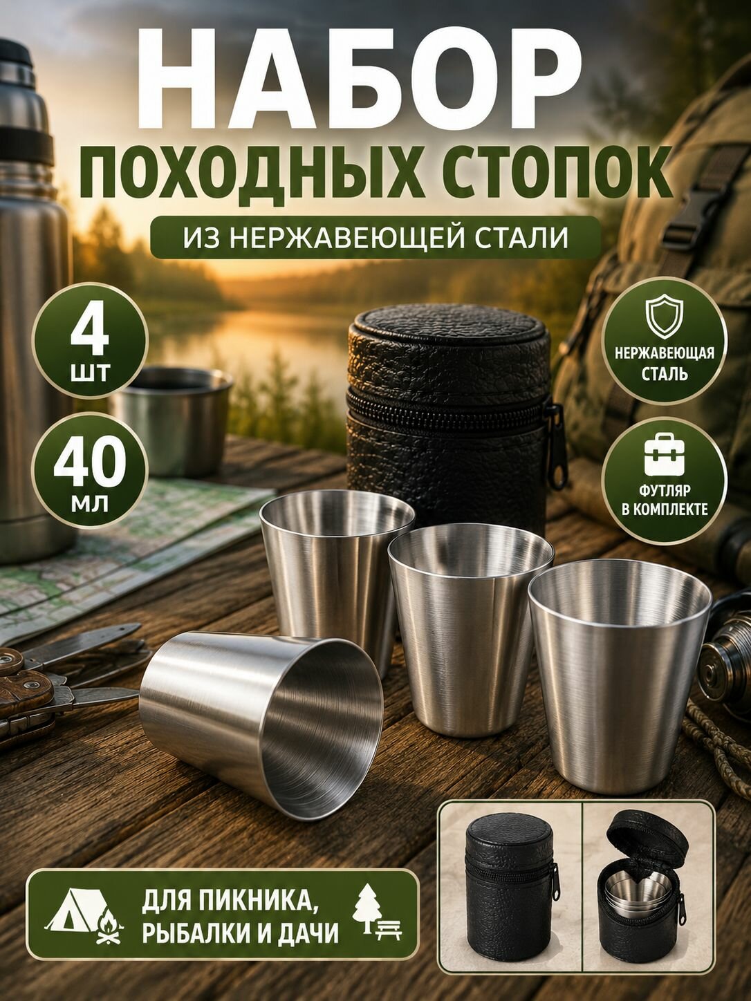 Набор стопок из нержавеющей стали 40 мл, 4 шт: металлические стопки в футляре для пикника и похода
