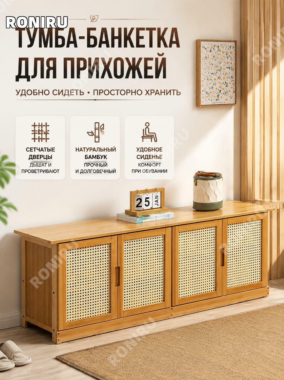 Бамбуковая банкетка для прихожей с хранением обуви, сиденье у входа, напольная тумба с сетчатыми дверцами