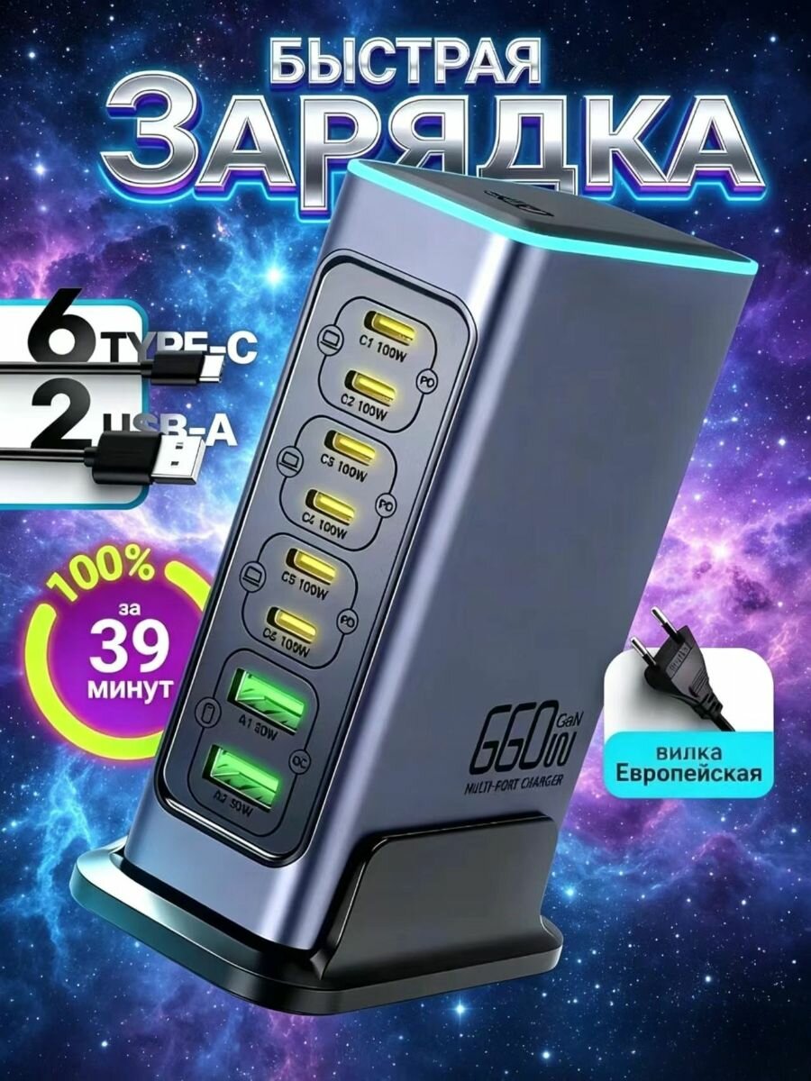 660W Gan 8-ми портовый настольный зарядник, PD 100W, USB 30W быстрая зарядка многопортовый высокая мощность