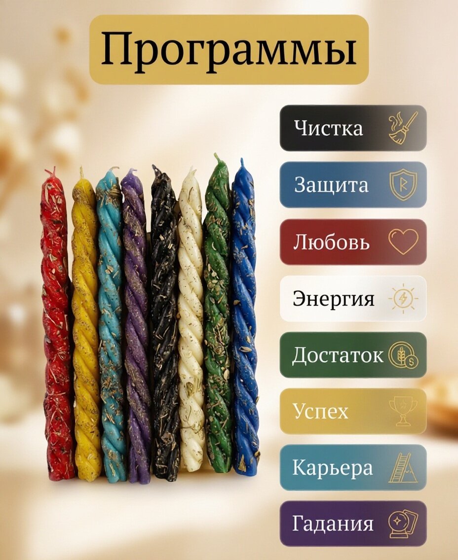 Свечи "Магические свечи" с травами, с заговорами, с руководством. Набор 8 штук