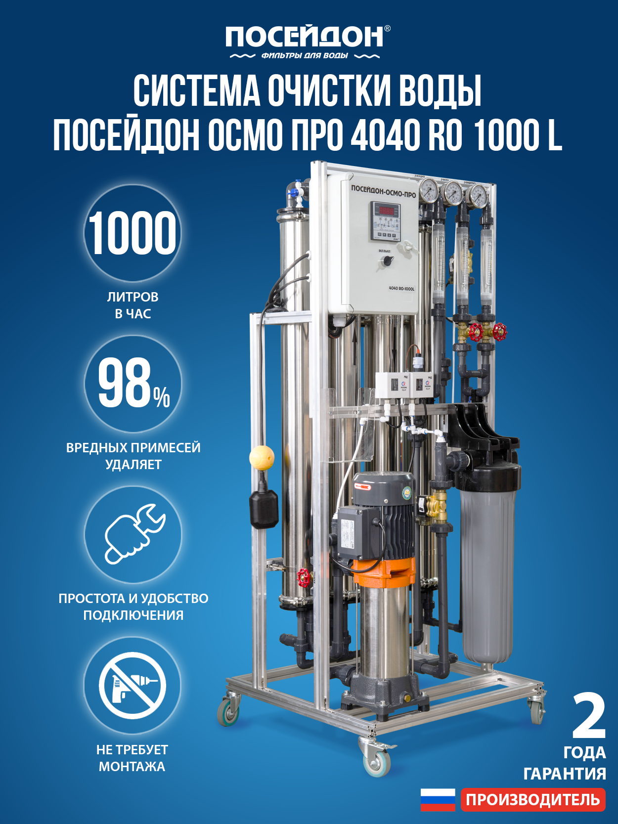 Промышленный водоочиститель посейдон осмо про 4040 RO-1000: система очистки воды для бизнеса