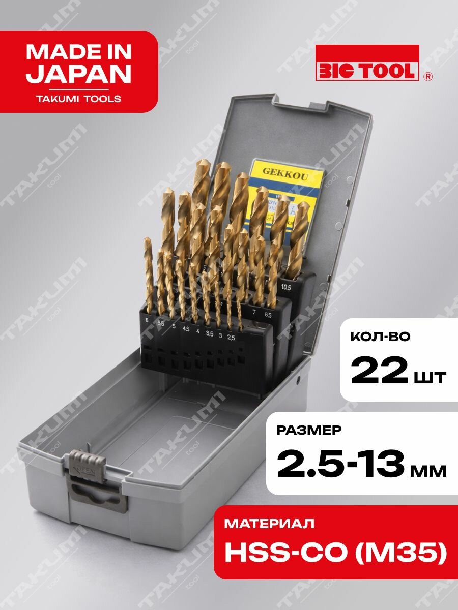 Сделано в Японии. Набор сверл по металлу BIC TOOL GK-22P 2.5-13 мм HSS-Co (M35), GEKKOU DRILL