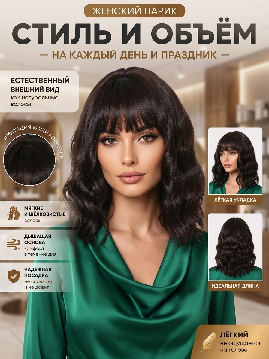 Парик каре с челкой коричневого цвета, волосы как натуральные