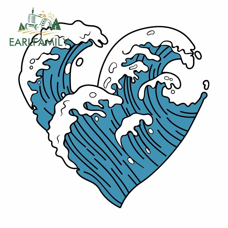 EARLFAMILY 13 см x 12,8 см для океанской волны, сердце, автомобильная наклейка, автомобильные аксессуары, виниловая наклейка, индивидуальная доска для серфинга, графика
