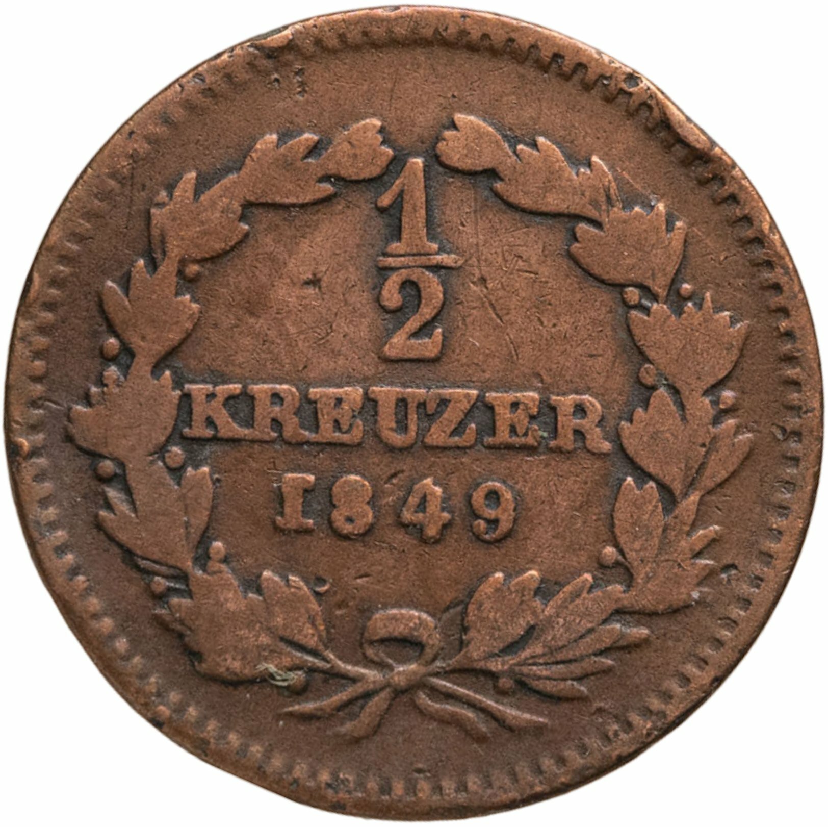 Германия, Баден 1/2 крейцера 1849, Медь, в сохранности VG-F
