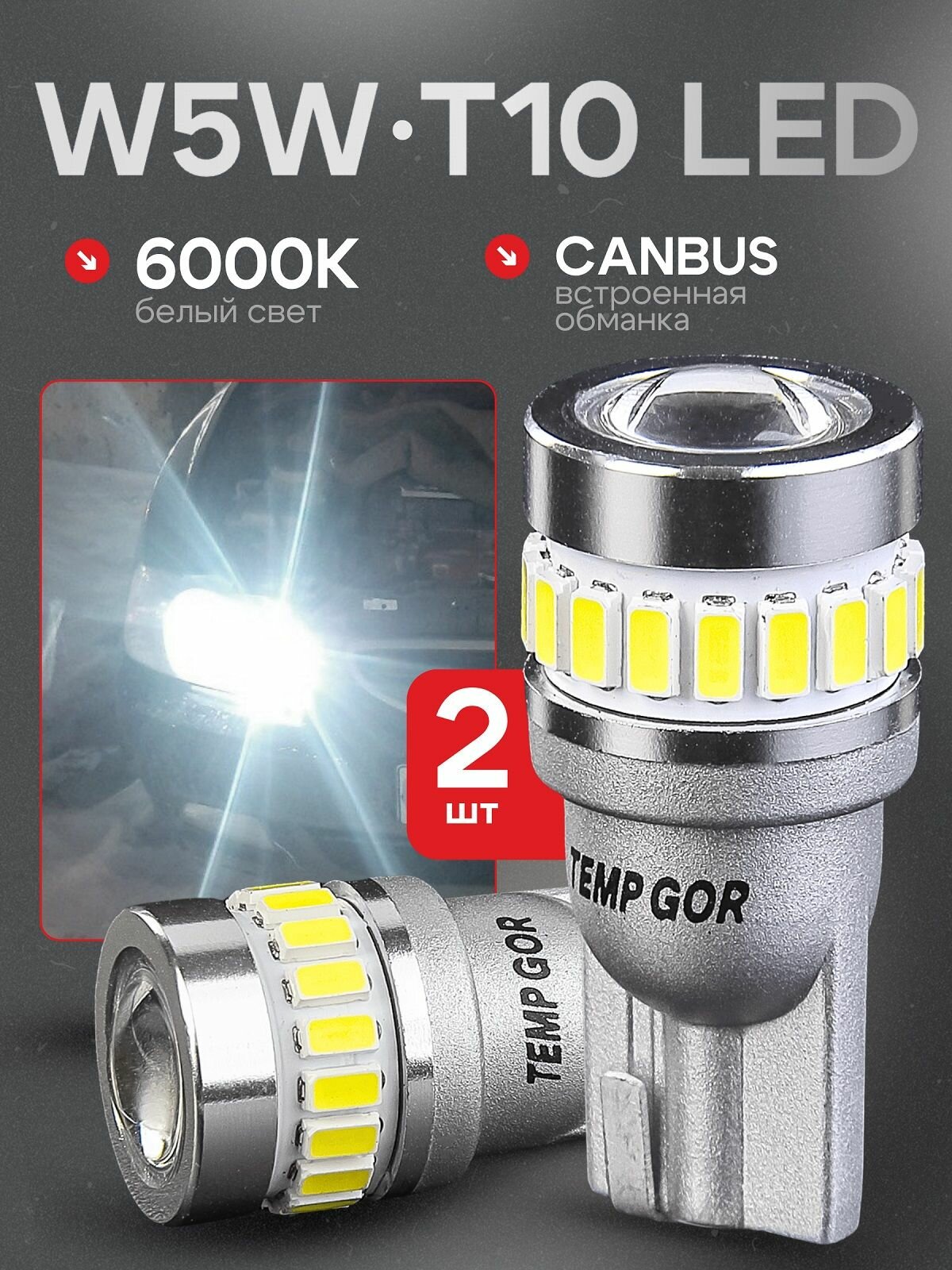 W5W Светодиодная лампа с обманкой CANBUS T10 6000K 12V , габаритные лампочки LED W5W 2шт без ошибок холодный свет для авто