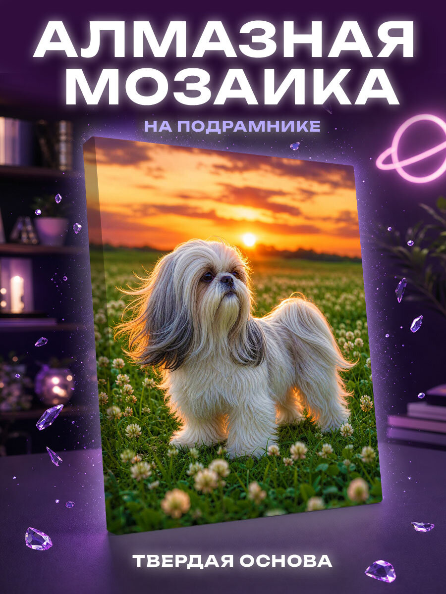 Алмазная мозаика Ши-тцу в клевере на закате