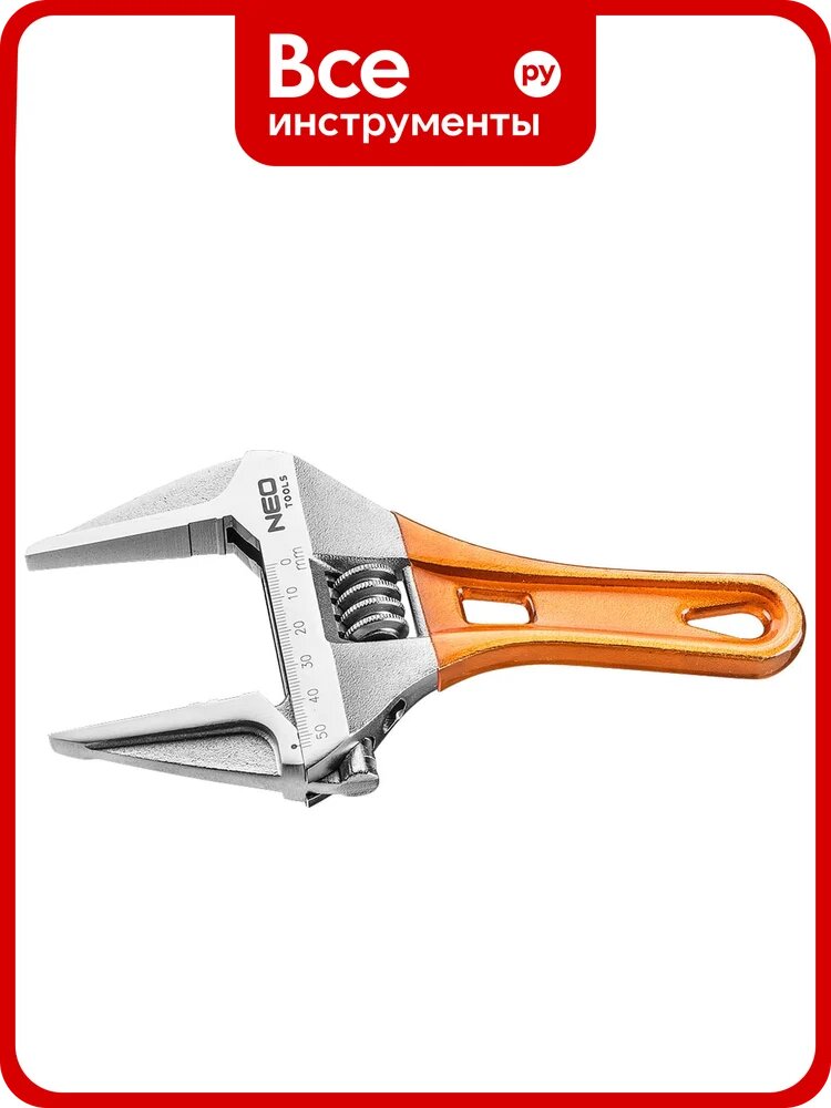 Разводной ключ короткий 185 мм, рабочий диапазон 0-53 мм NEO Tools 03-022