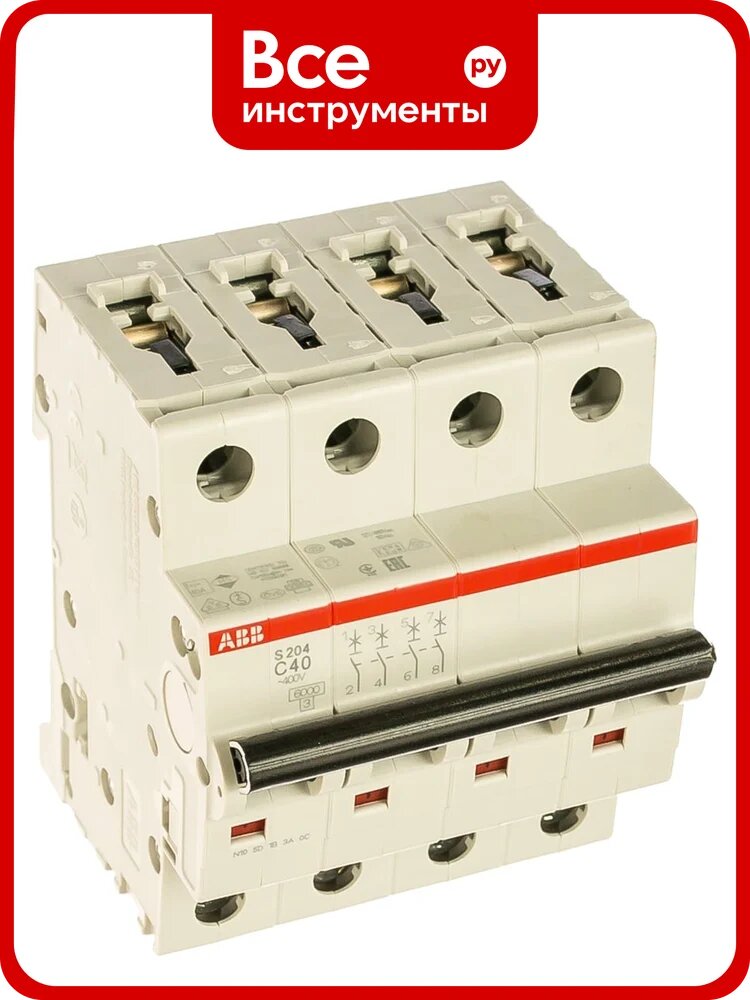 Автоматический выключатель ABB S204 4P 40А 6kA 2CDS254001R0404 модульный тип DIN‑рейка монтаж серый корпус