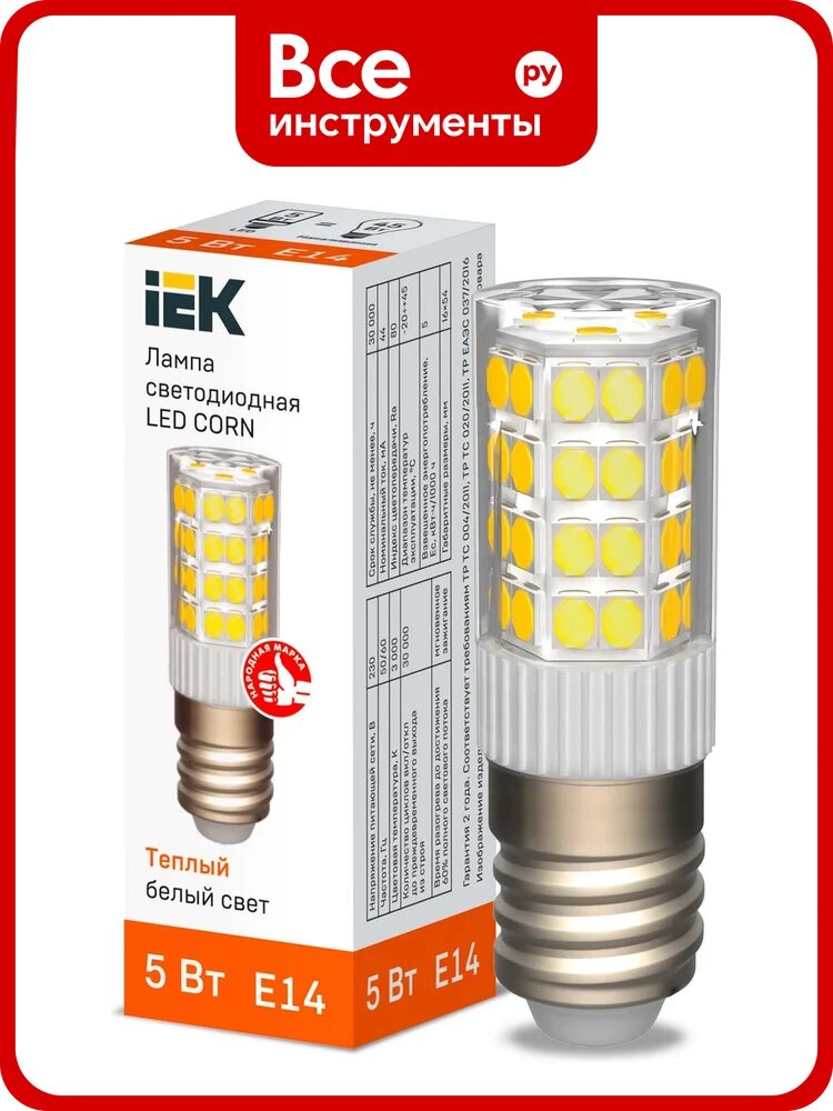 Светодиодная лампа IEK corn капсула 5вт 230в 3000к керамика e14 LLE-CORN-5-230-30-E14