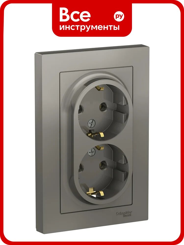Розетка Systeme Electric AtlasDesign Сталь с/з двойная, 16 А, в сборе SE ATN000924, встраиваемый монтаж, защита
