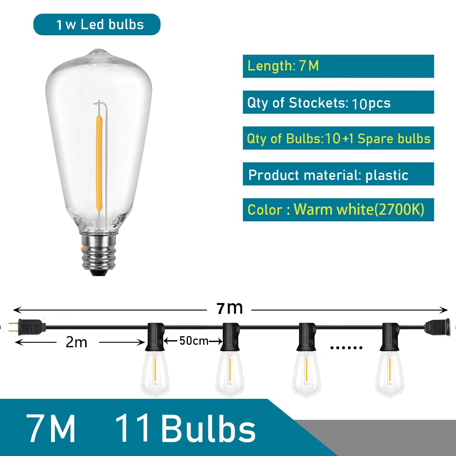 Светодиодная гирлянда Topdii Festoon LED Globe 220В теплый белый 10/15/25/30/50 7M 11Bulbs, EU Plug