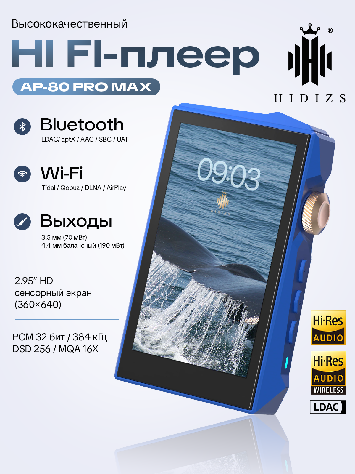 Портативный аудиоплеер HIDIZS AP80 PRO MAX Синий, Bluetooth 5.1