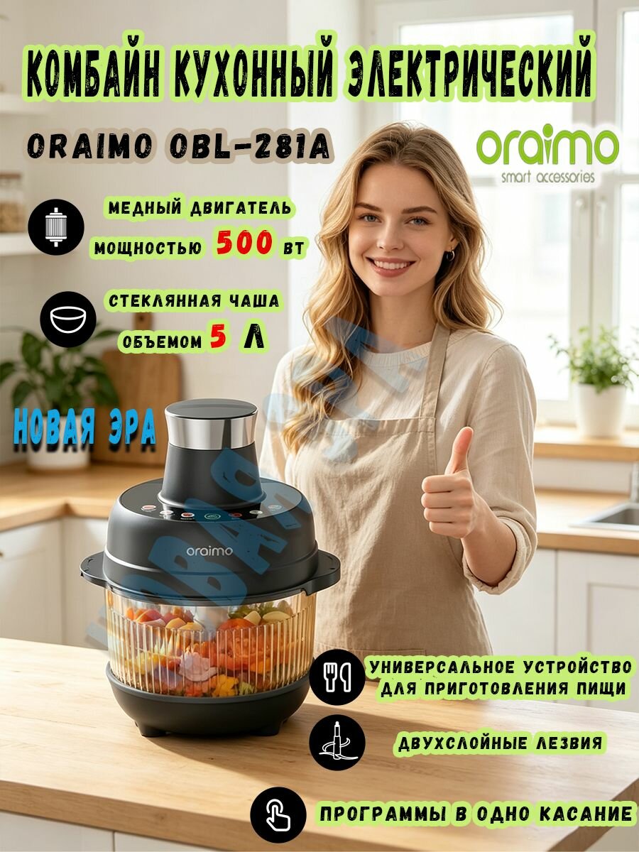 Кухонный комбайн Oraimo PowerMince Pro 5L 600W для мяса и теста, измельчитель продуктов, мясорубка, 420 сталь, серый