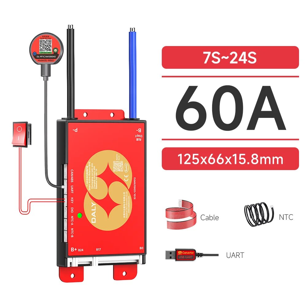 Активный BMS DALY Smart для LiFePO4 4S/8S/16S 24В/12В/48В 100А/150А/40А/60А/200А 7S-24S 60A WIFI BMS