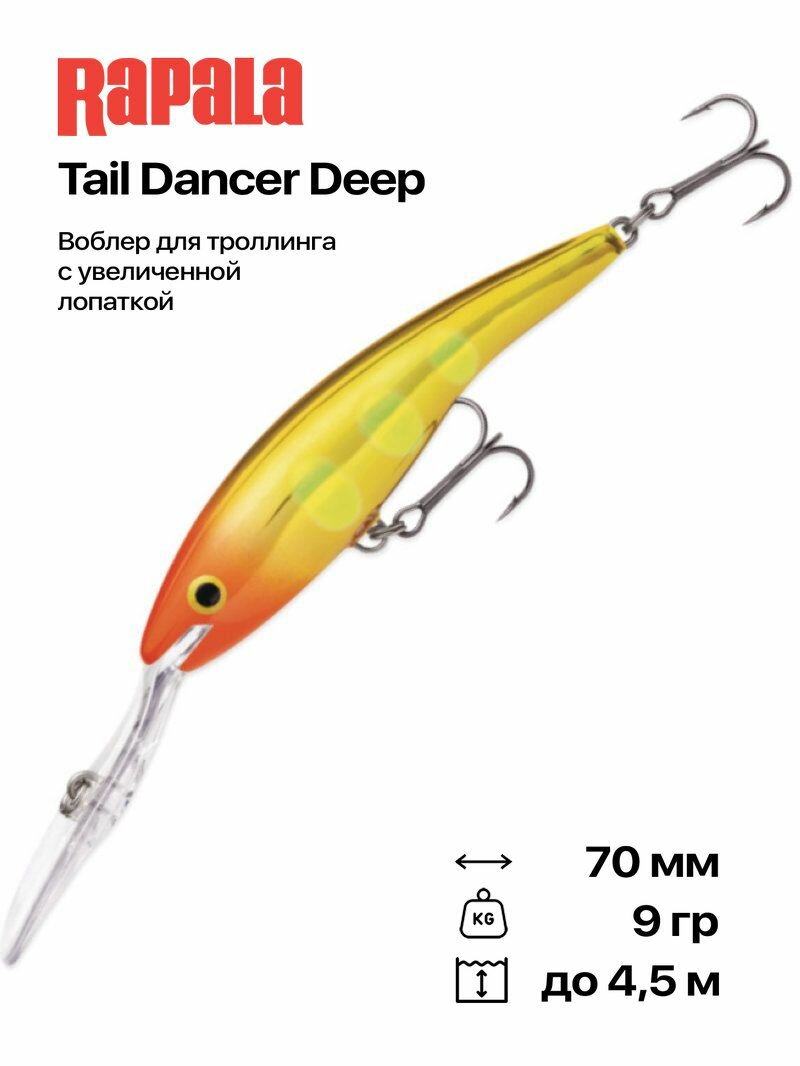 Воблер для троллинга Rapala Tail Dancer Deep, 70 мм, 9 гр, до 4,5 м, #JLC