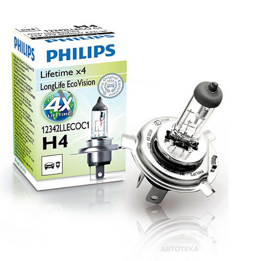 Лампа галогеновая головного света H4 P43t Long Life Eco Vision 12V 60/55W Картон 1 шт PHILIPS 12342LLECOC1