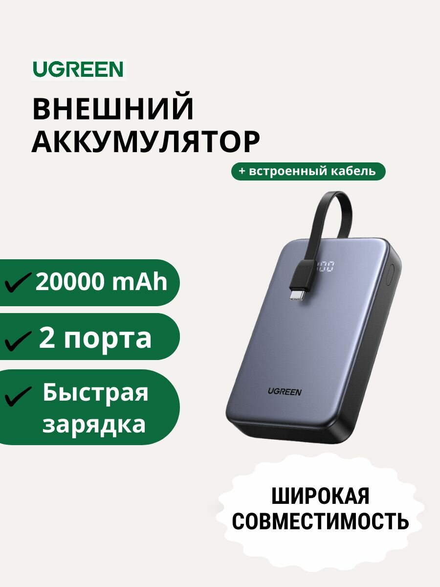Внешний аккумулятор UGREEN PB505 (45762) 20000mAh 20W, USB A + USB C, встроенный кабель USB C серый/Повербанк