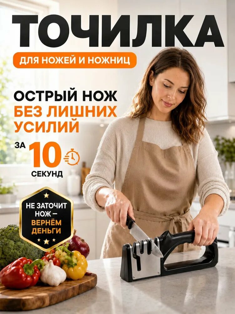 Точилка для ножей и ножниц 4 в 1 / Ножеточка механическая ручная / Точило