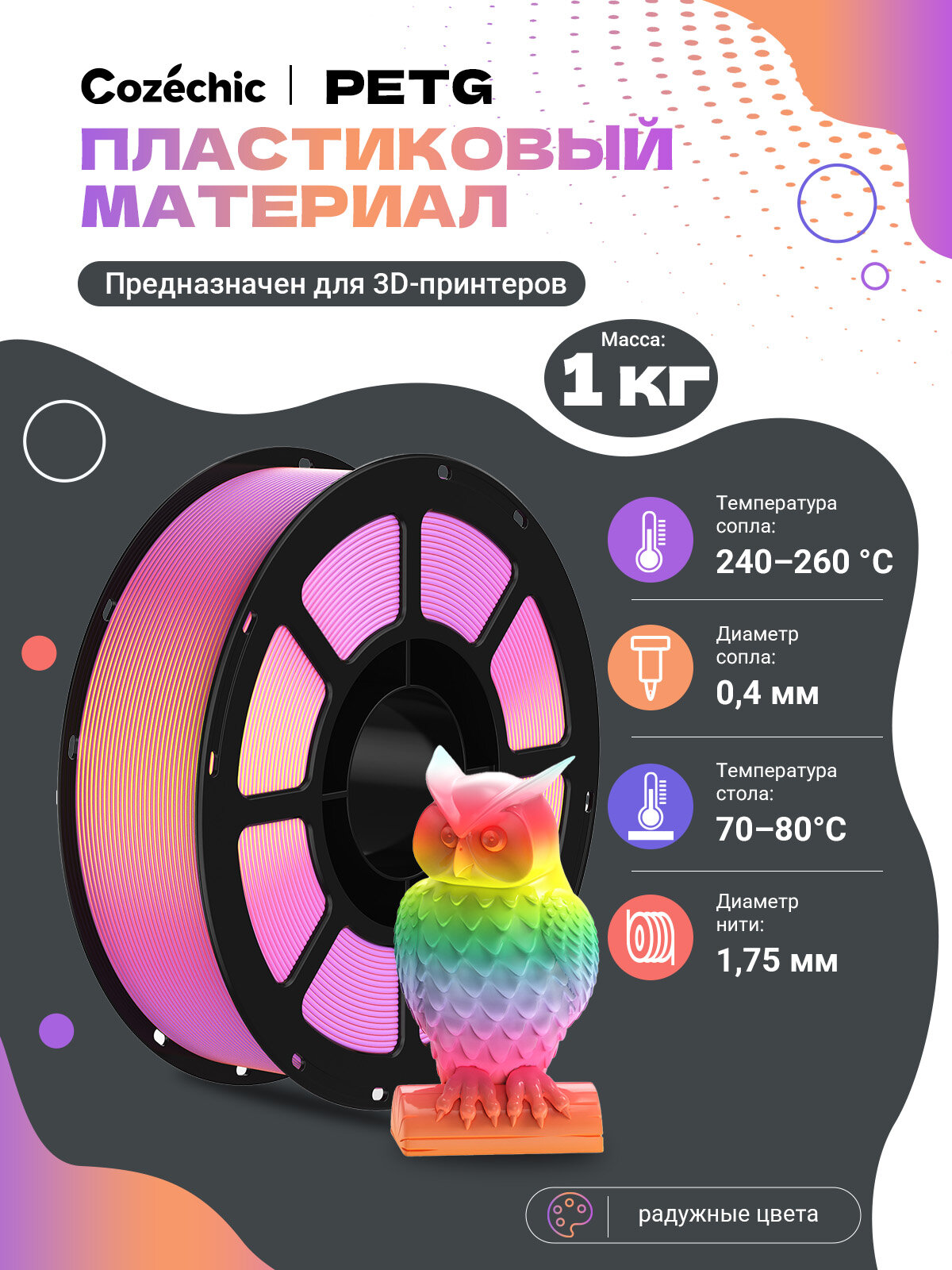 Cozechic Пластик для 3д принтера PETG 1.75мм 1кг, филамент пэтг, розовый