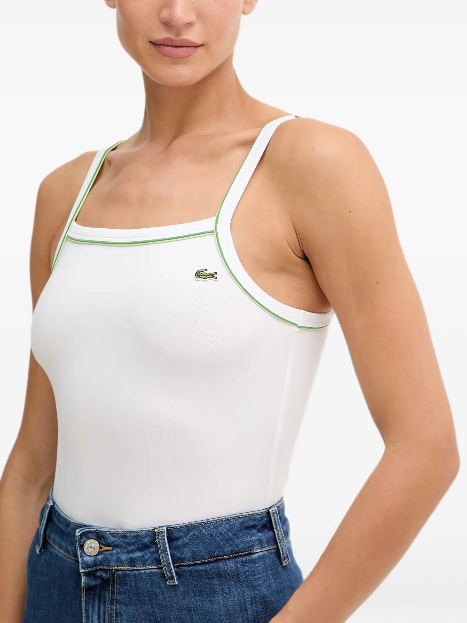 Топ LACOSTE Piped-trim logo-patch camisole, размер 38 EU, бежевый/белый — фото 1