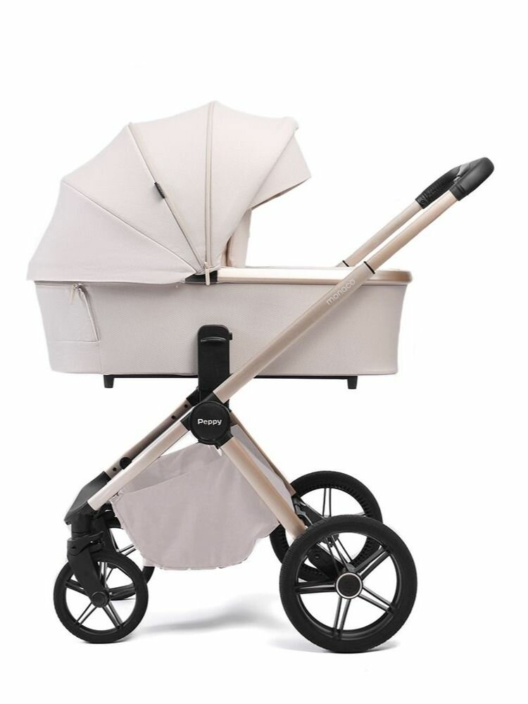 Коляска 2 в 1 для новорожденных, коляска со складной люлькой Peppy Monaco Plus Beige с регулировкой высоты люльки/прогулочного блока