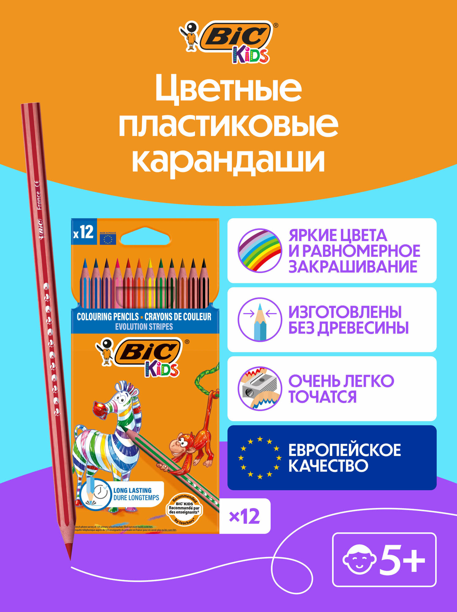 Цветные карандаши, 12 цветов, детские, корпус с полосками, BIC Evolution Stripes, упаковка 12 шт