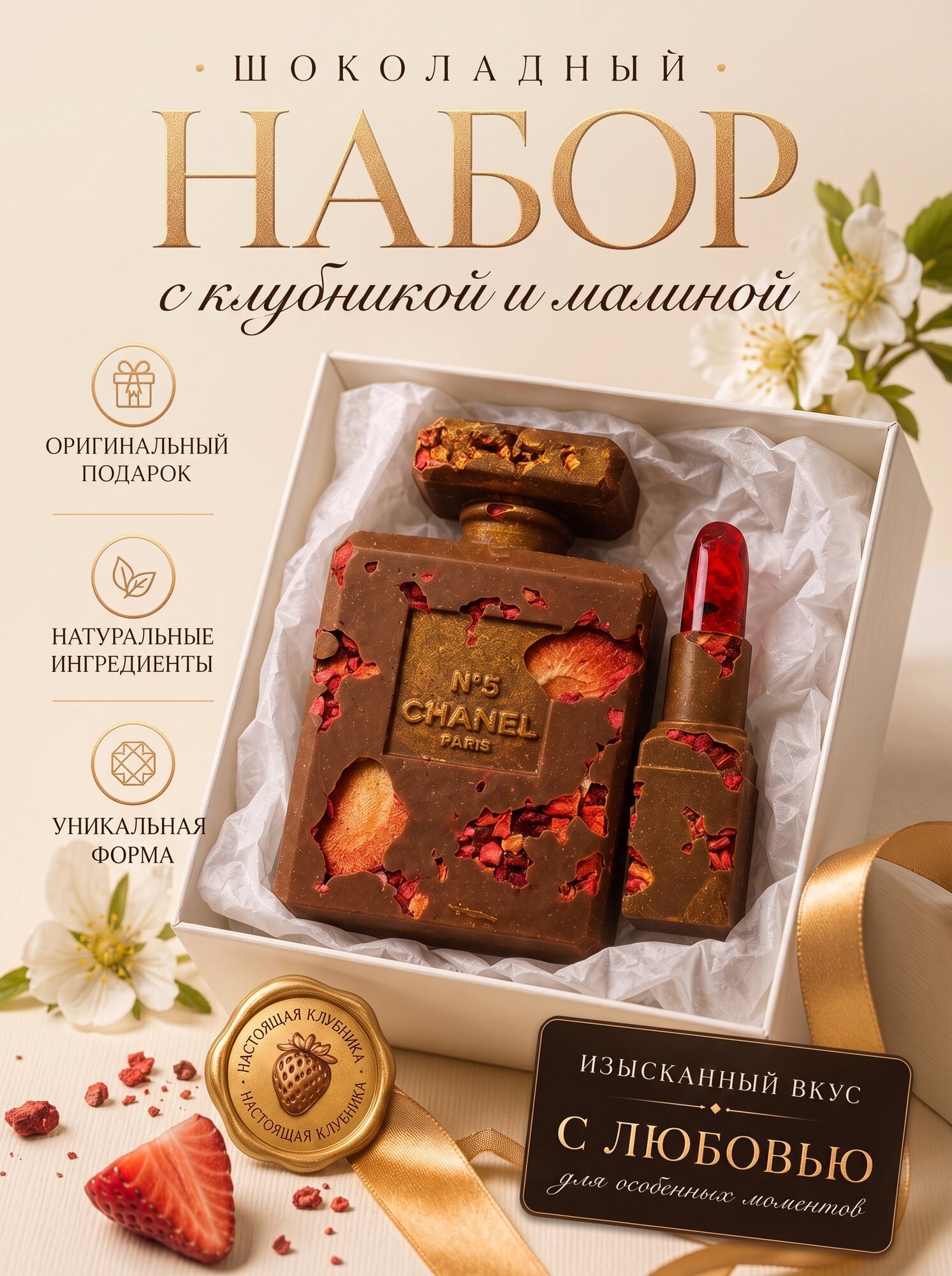 Оригинальный подарок на День Рождения женщине, девушке. Шоколадные духи и помада с клубникой и малиной в подарочной упаковке.